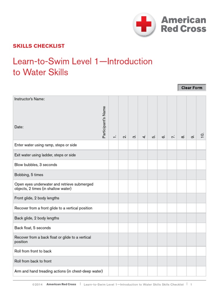 Level 1 Swim Skills Checklist | PDF
