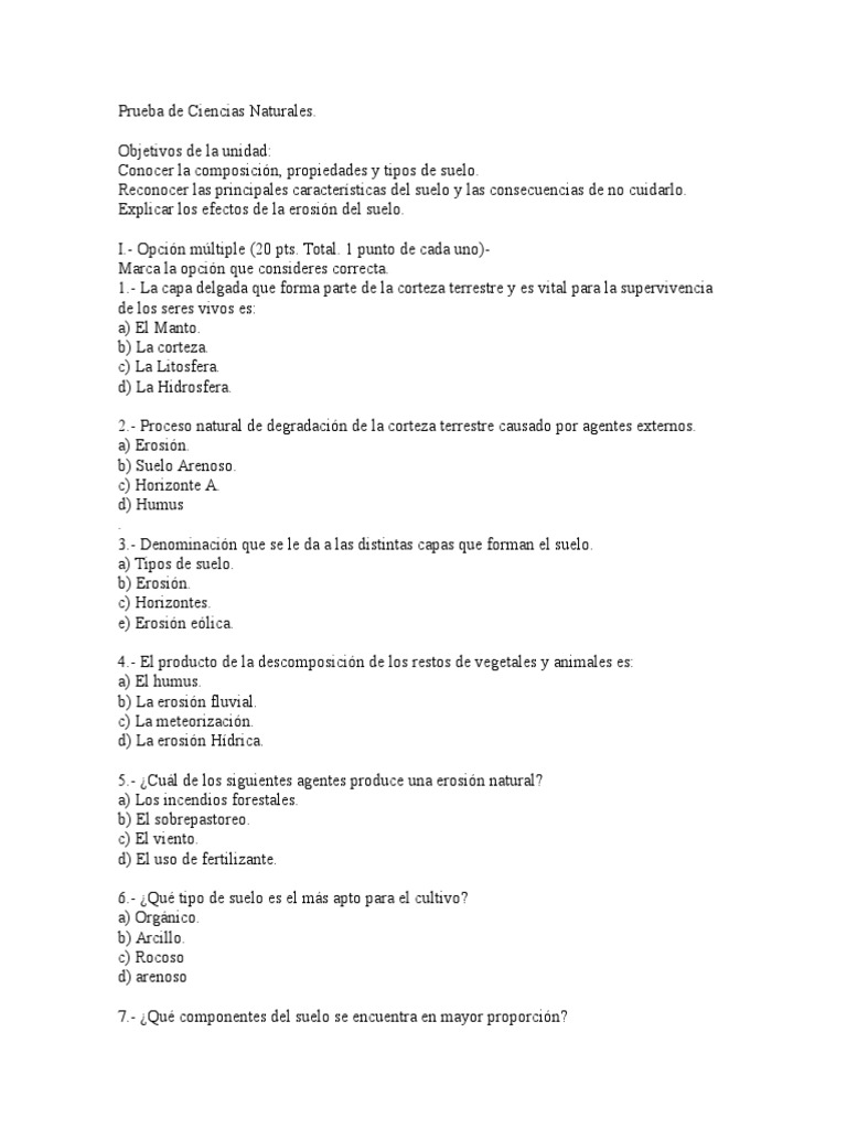 Prueba de Ciencias Naturales El Suelo | PDF | Erosión | Suelo
