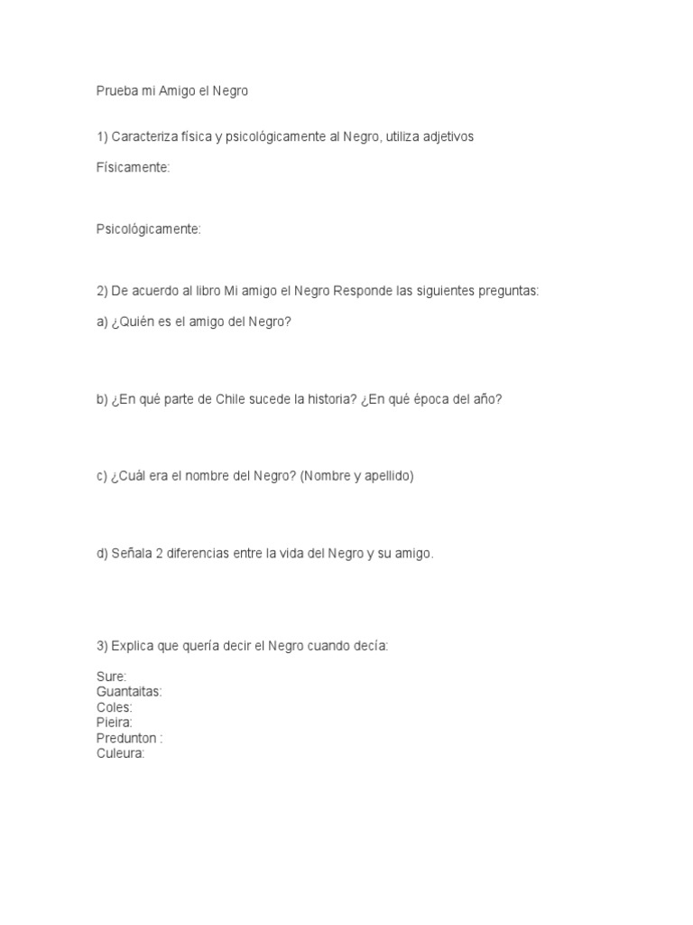 Prueba sobre "Mi amigo el Negro" | PDF | Hogar, jardinería y bricolaje ...