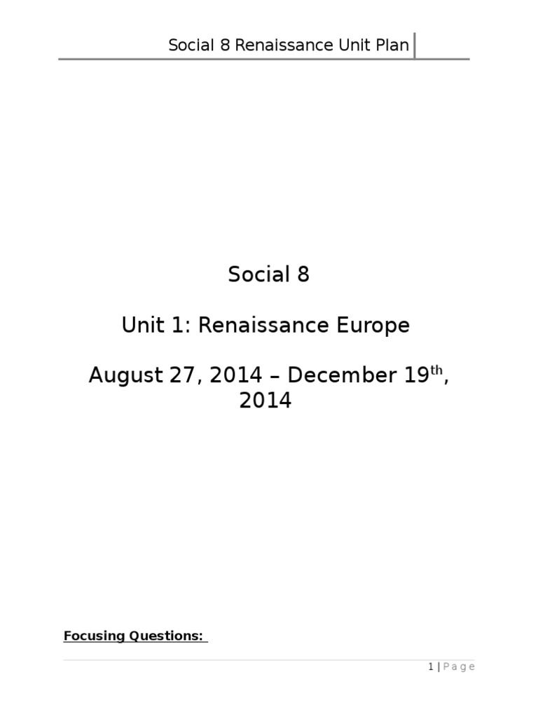 Social 8 Renaissance Unit Plan | PDF | Renaissance | Humanism