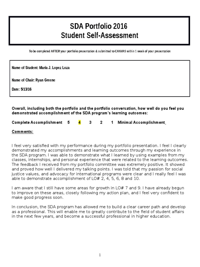 SDA Portfolio Self-Assessment 2016 | PDF | Educational Assessment ...