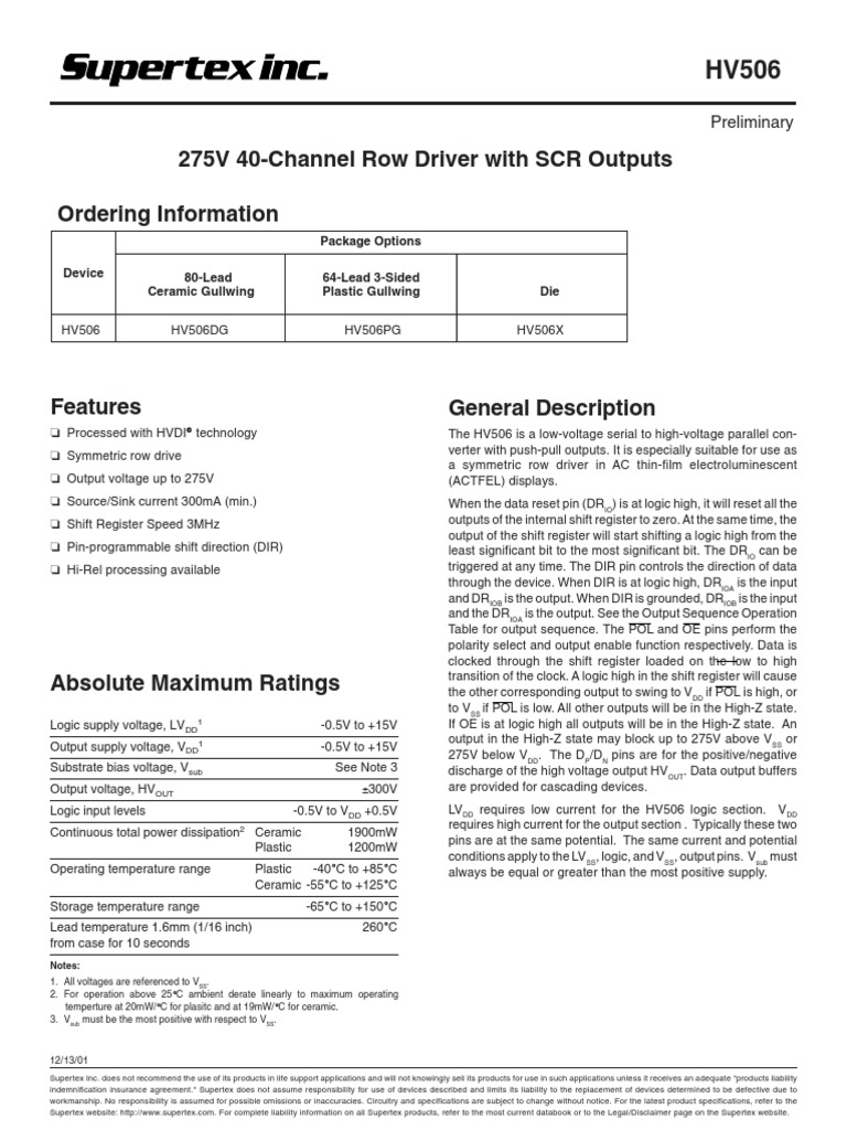 275V 40-Channel Row Driver With SCR Outputs: Preliminary | PDF ...