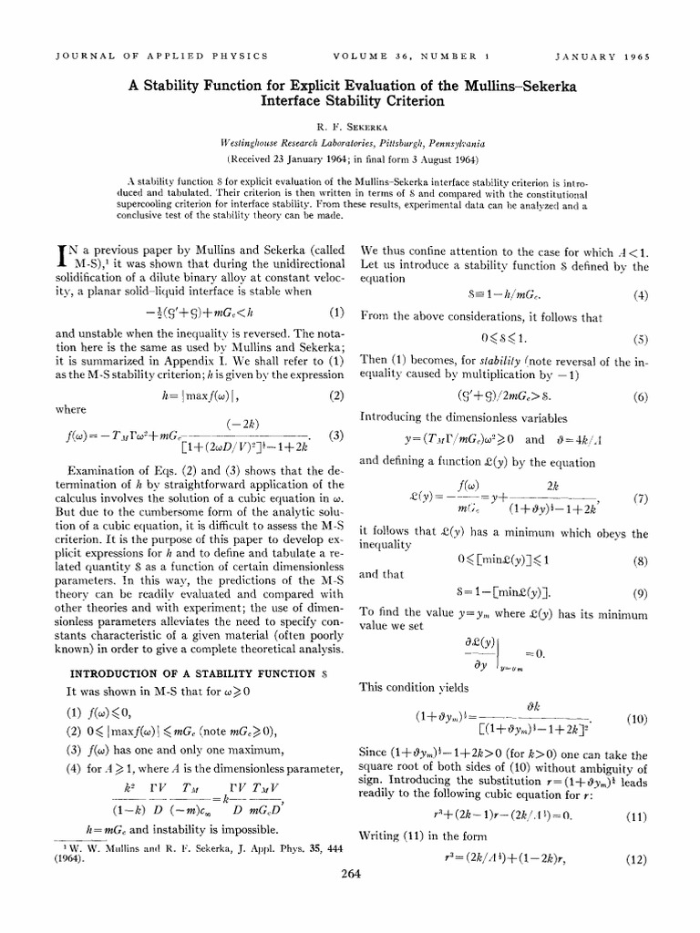 A Stability Function For Explicit Evaluation of The Mullins-Sekerka ...