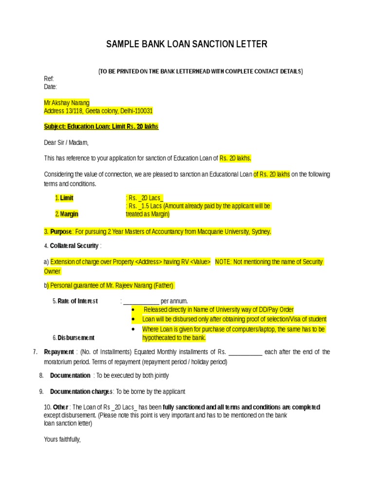 Education Loan Letter Format