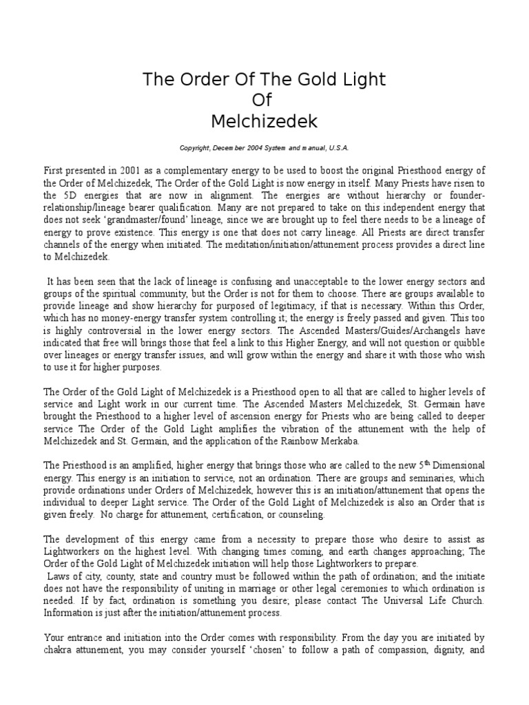 The Order of The Gold Light of Melchizedek | PDF | Ordination | Chakra