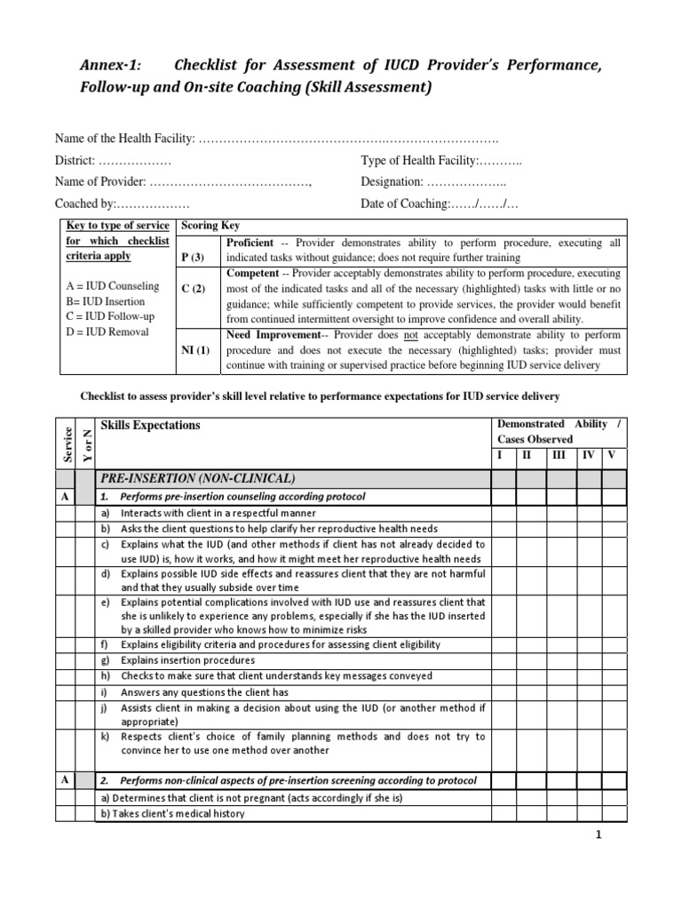 IUCD Provider Performance Assessment Checklist | PDF | Human ...