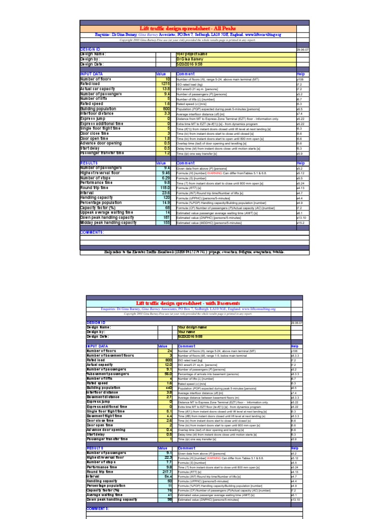Lift Traffic Design Spreadsheet - All Peaks | PDF | Elevator