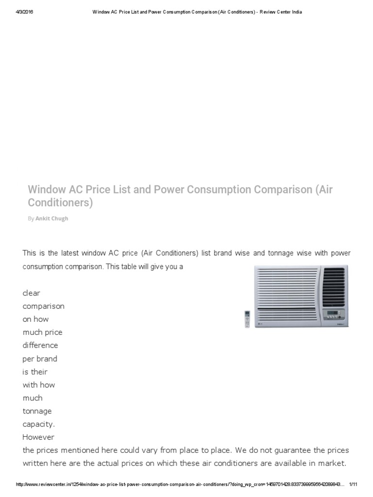 Window AC Price List and Power Consumption Comparison (Air Conditioners ...