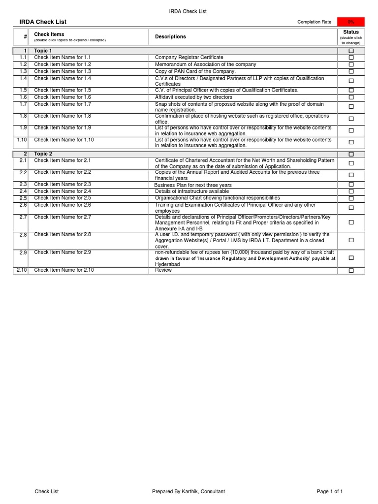 IRDA Check List: # Check Items Descriptions Status | PDF