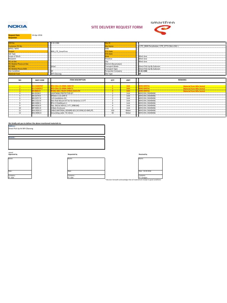 Site Delivery Request Form | PDF