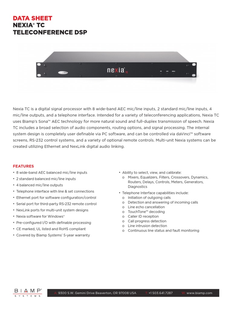 Biamp Data Sheet Nexia TC | PDF | Digital Signal Processing | Microphone