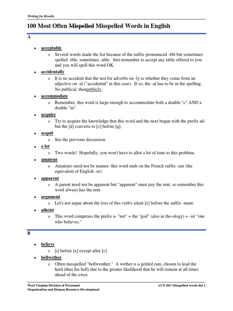 Misspelled Words List PDF | PDF | Syllable | English Language