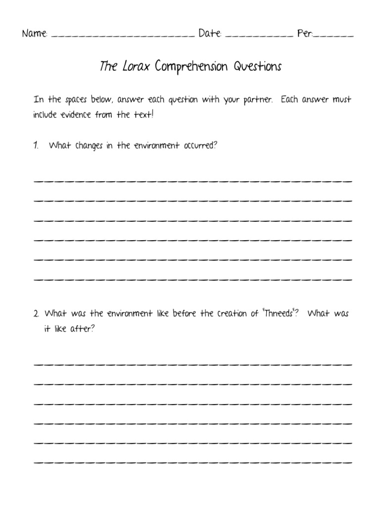 21 The Lorax Comprehension Questions | PDF