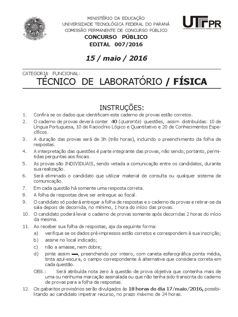 Caderno de Prova - Tecnico de Laboratorio - Fisica | PDF | Canhão ... Caderno de Prova - Tecnico de Laboratorio - Fisica | PDF | Canhão ...