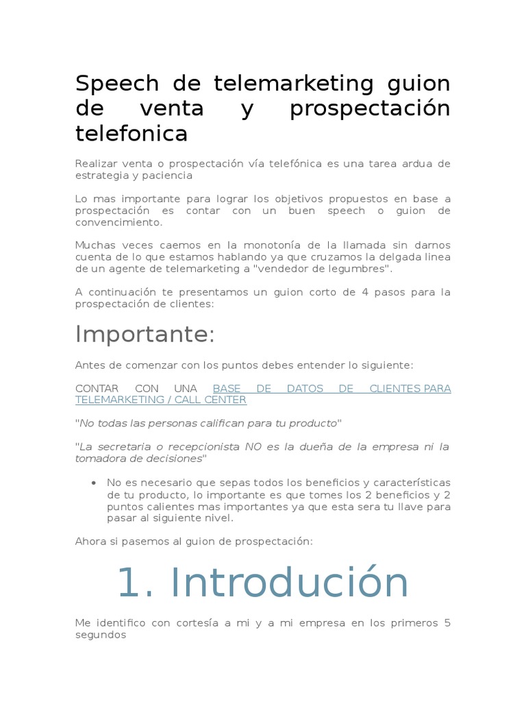 Speech de telemarketing guion de venta y prospectación telefonica.docx | Toma de decisiones ...