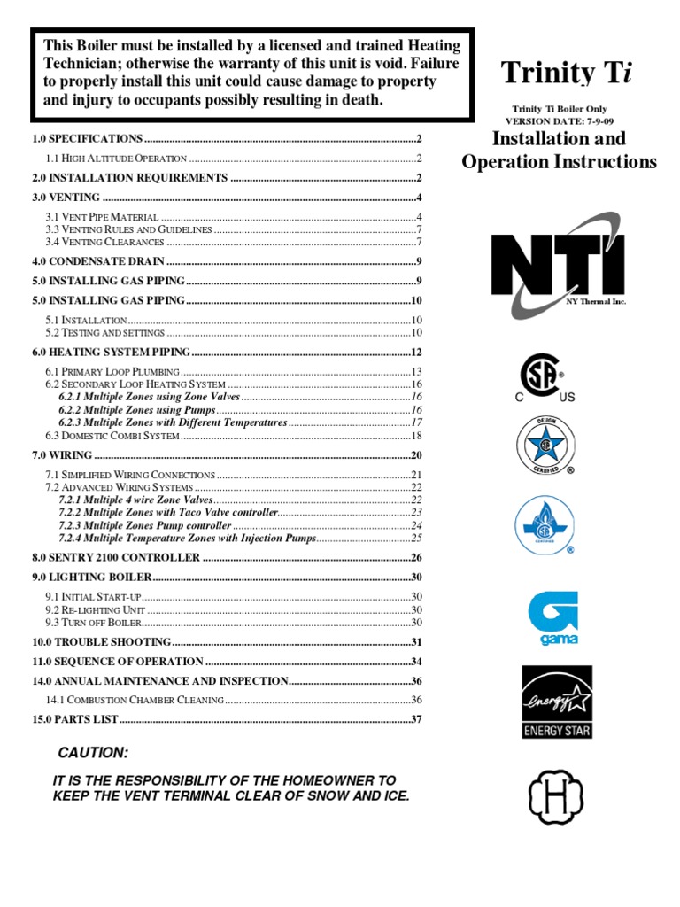Trinity Ti Series Installation Manual 7-9-09 | PDF | Chimney | Boiler