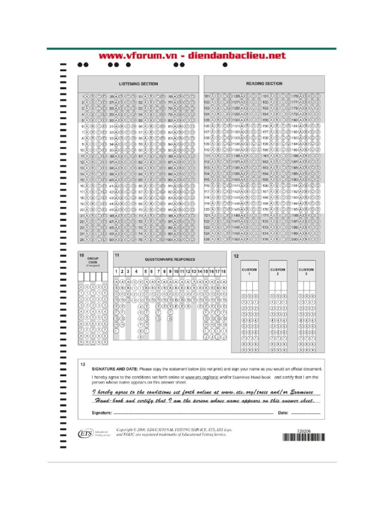 Vforum - VN Mau Answer Sheet Toeic | PDF