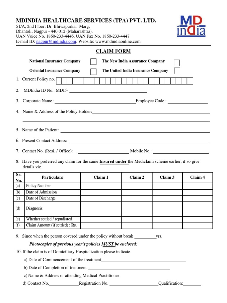 MD India Insurance Claim Form | PDF | Hypertension | Hospital