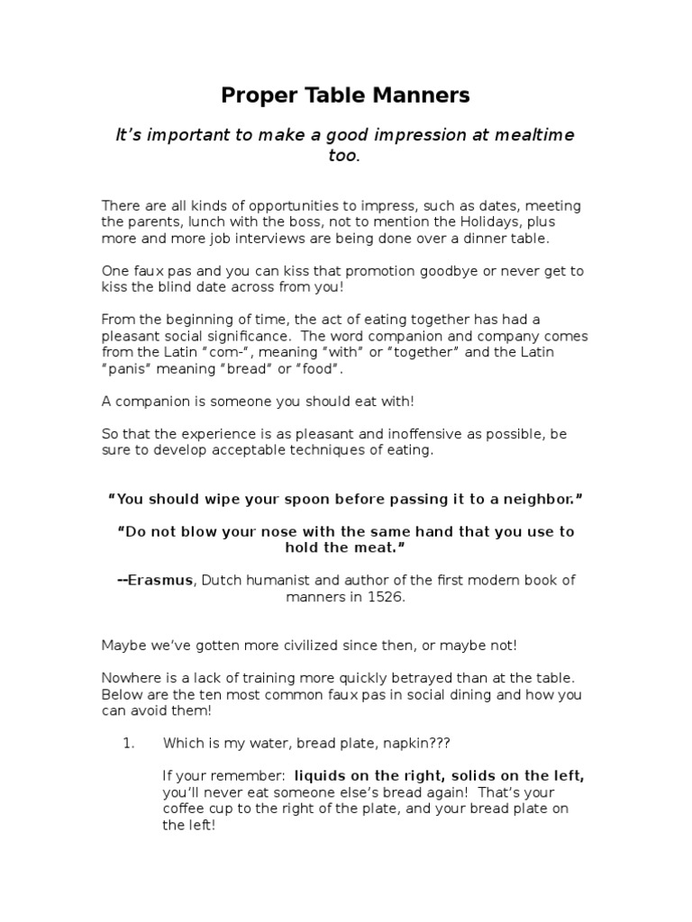 Proper Table Manners | PDF | Tableware | Food And Drink