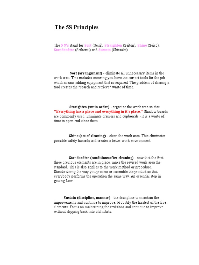 The 5S Principles: 5 S's Sort Straighten Shine Standardize Sustain ...