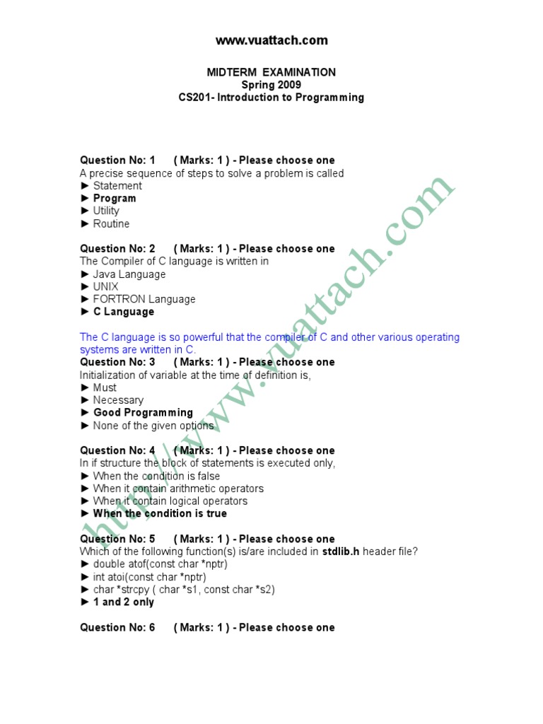 Cs 201 Solved Midterm Papers 1 Pdf C Programming Language Subroutine