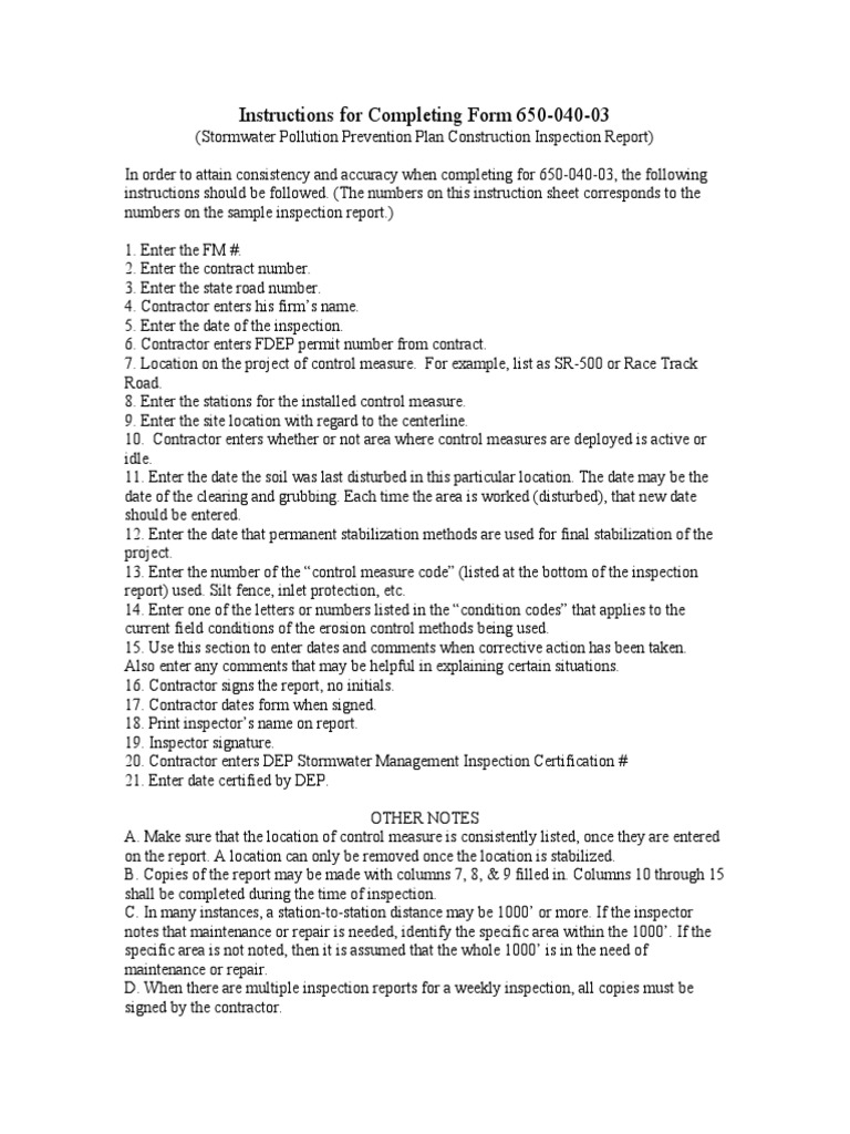 FDOT SWPPP Instructions For Completing Form 650-040-03 | PDF ...