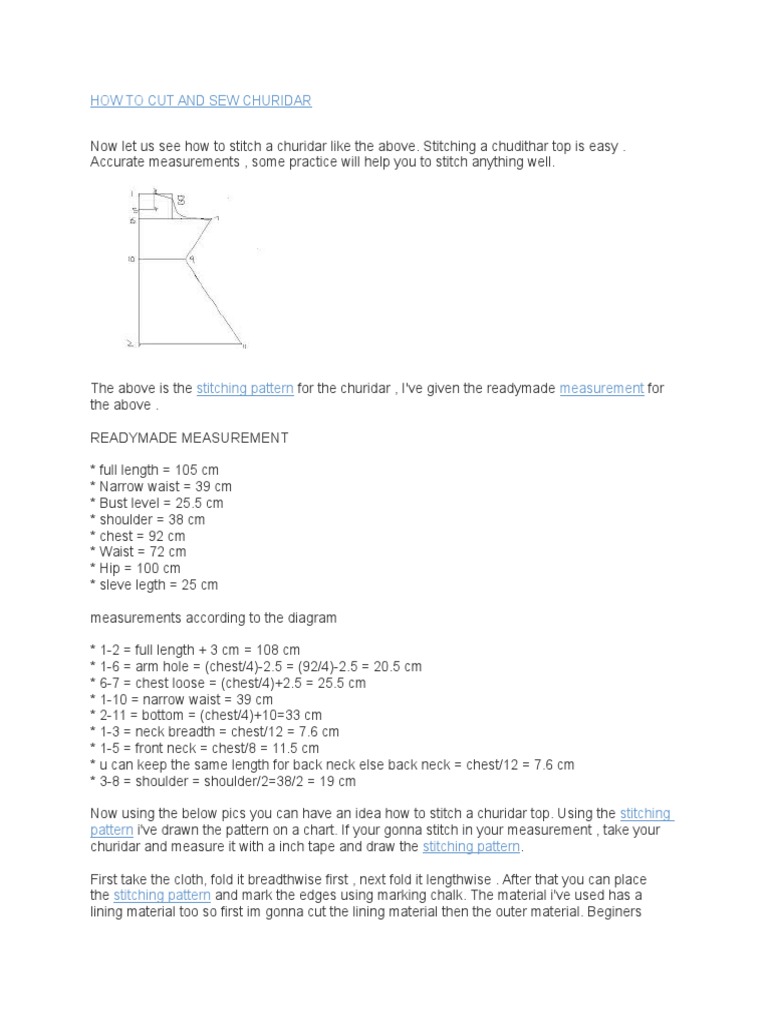 Step-by-Step Churidar Cutting Guide | PDF | Sewing | Softlines (Retail)