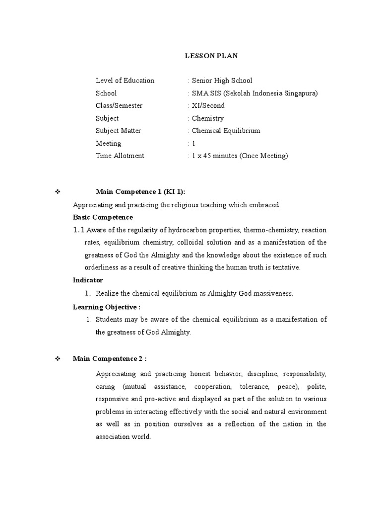 Lesson Plan Chemical Equilibrium | PDF | Chemical Equilibrium | Experiment