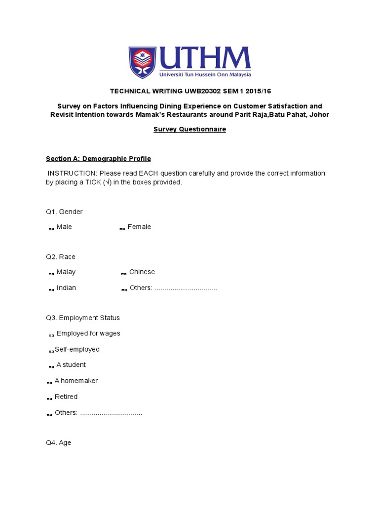 Questionnaire Technical Writing | Download Free PDF | Restaurants | Survey Methodology