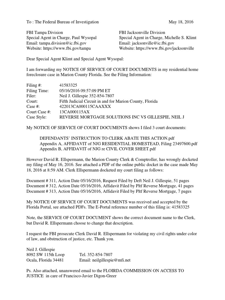 Gillespie Letter To The The Federal Bureau of Investigation May 18 ...