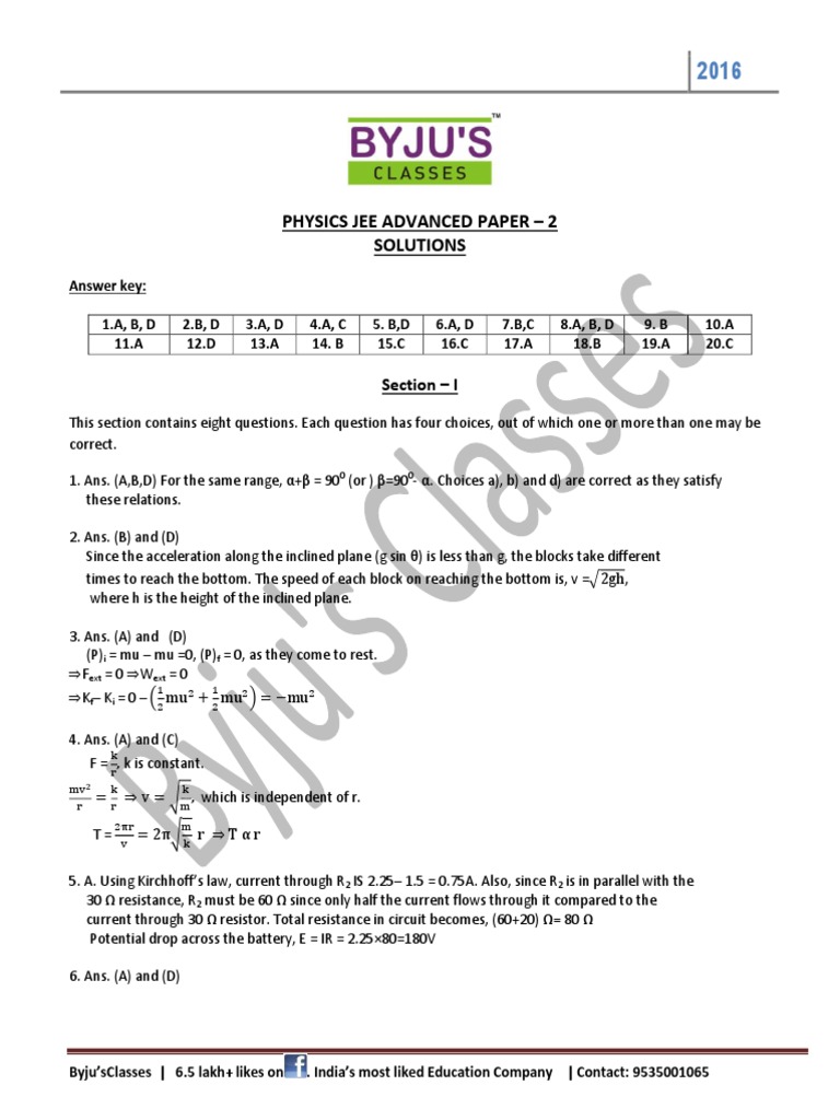 Byju Jee Advanced Sample Paper 2key and Solutions | PDF | Natural ...