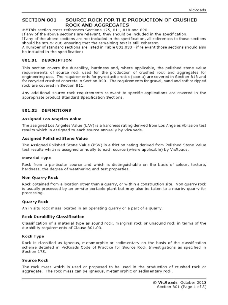Vicroads Standard Specification - Section 801 Source Rock For The ...