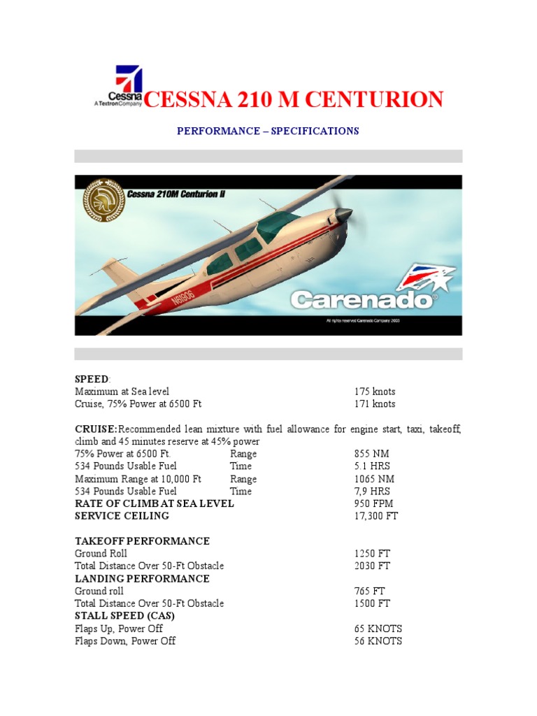 Cessna 210 M Specifications | PDF | Takeoff | Flap (Aeronautics)