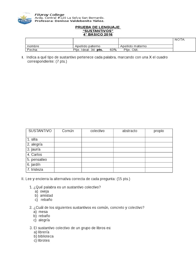 Tipos de Sustantivo PRUEBA | PDF