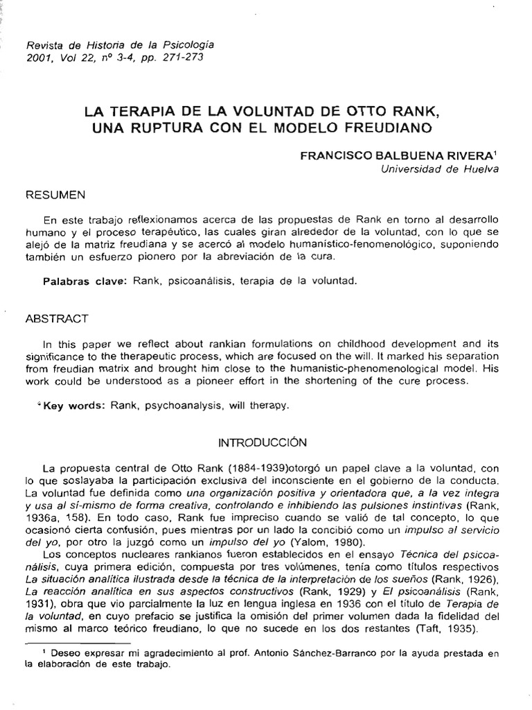 01.la Terapia de La Voluntad de Otto Rank Balbuena | PDF | Sicología ...
