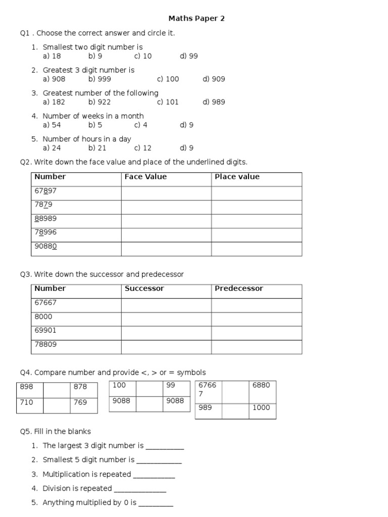 Maths Paper Class 3 | PDF | Angle | Numbers