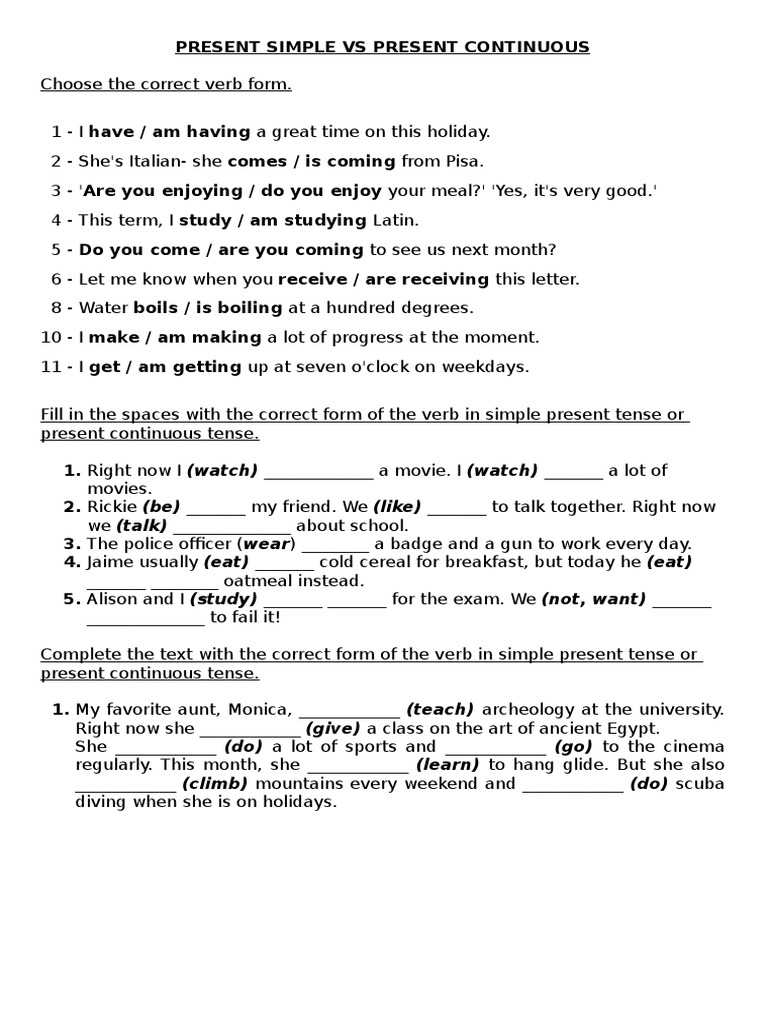 Present Simple vs Continuous Exercises | PDF