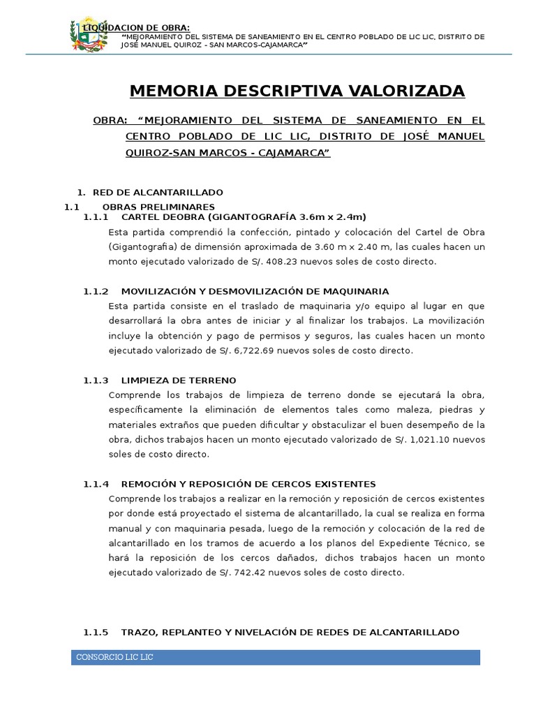 Memoria Descriptiva Valorizada | PDF | Acero | Saneamiento