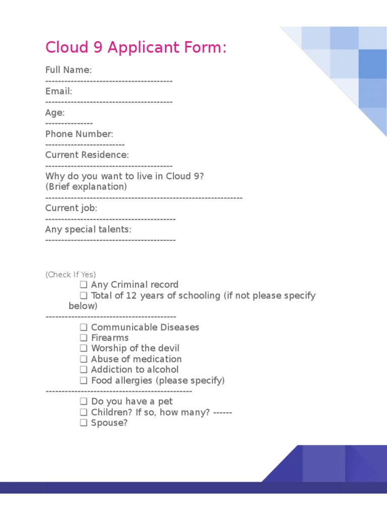 Cloud 9 Residency Application Form | PDF
