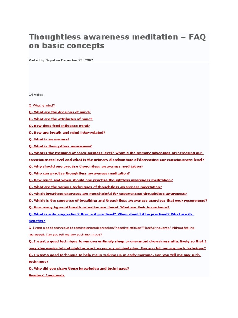 Thoughtless Awareness Meditation | PDF | Breathing | Thought