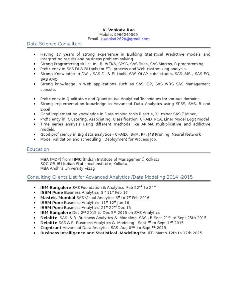 Coporate Profile Venkat Resume | PDF | Sas (Software) | Analytics