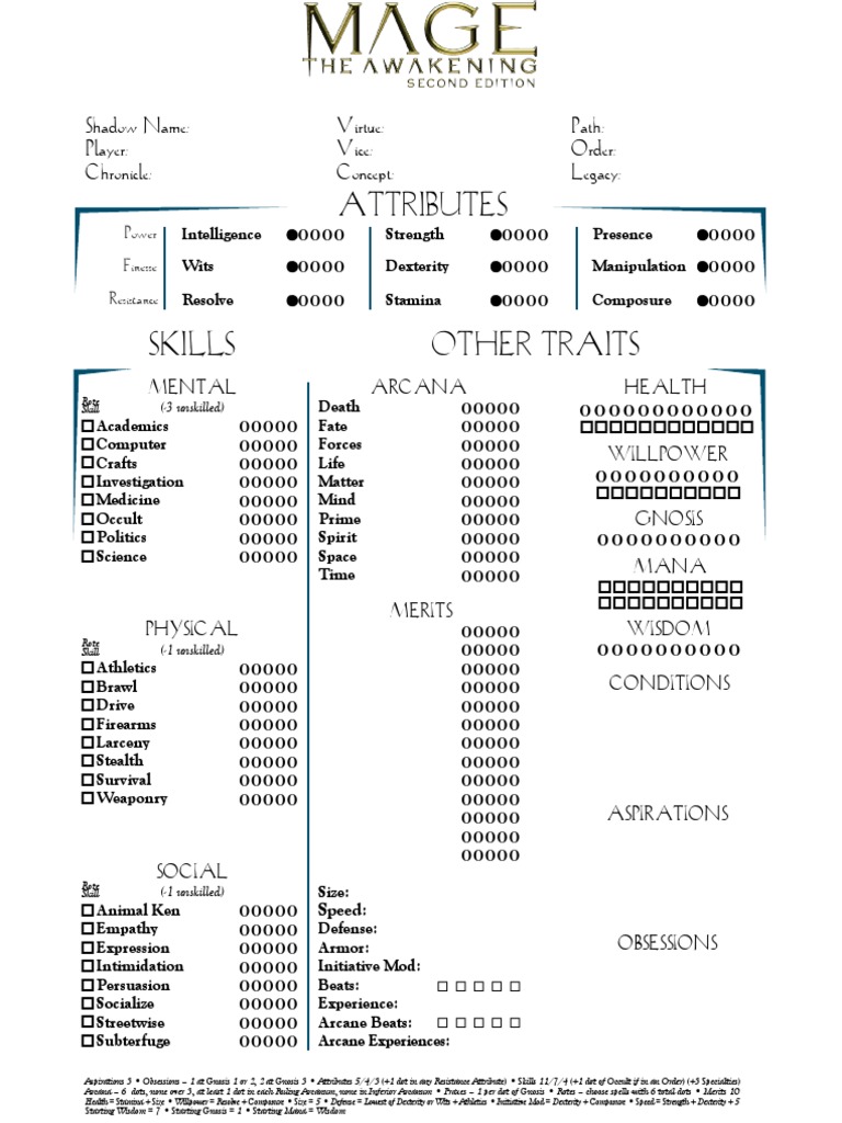 Mage: The Awakening Character Sheet | PDF | Entertainment | Gaming
