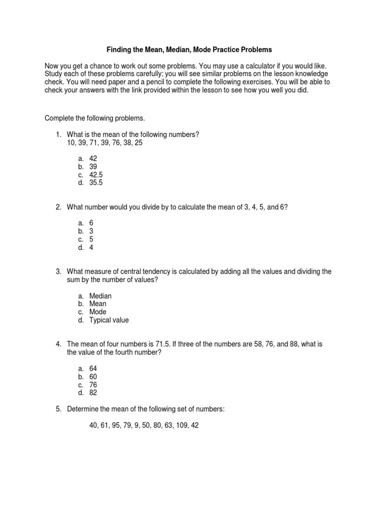 Mean, Median, Mode Practice Problems | PDF | Mean | Mode (Statistics)