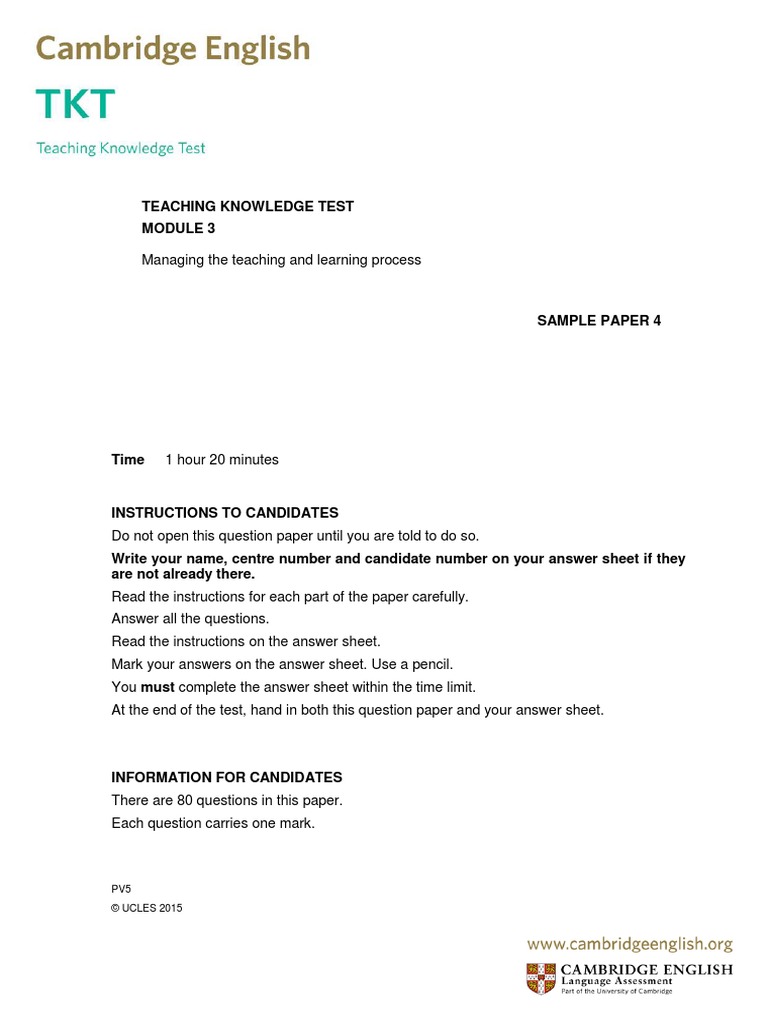 TKT Module 3 Sample Paper Document | PDF | Question | Teachers