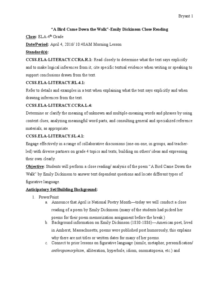 A Bird Came Down The Walk - Close Reading | PDF | Emily Dickinson | Poetry