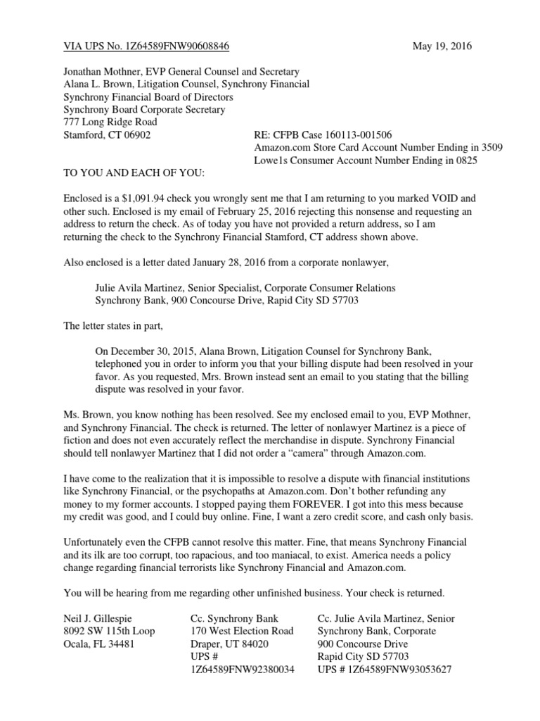 Check Returned to Synchrony Financial May-19-2016 | Credit (Finance ...