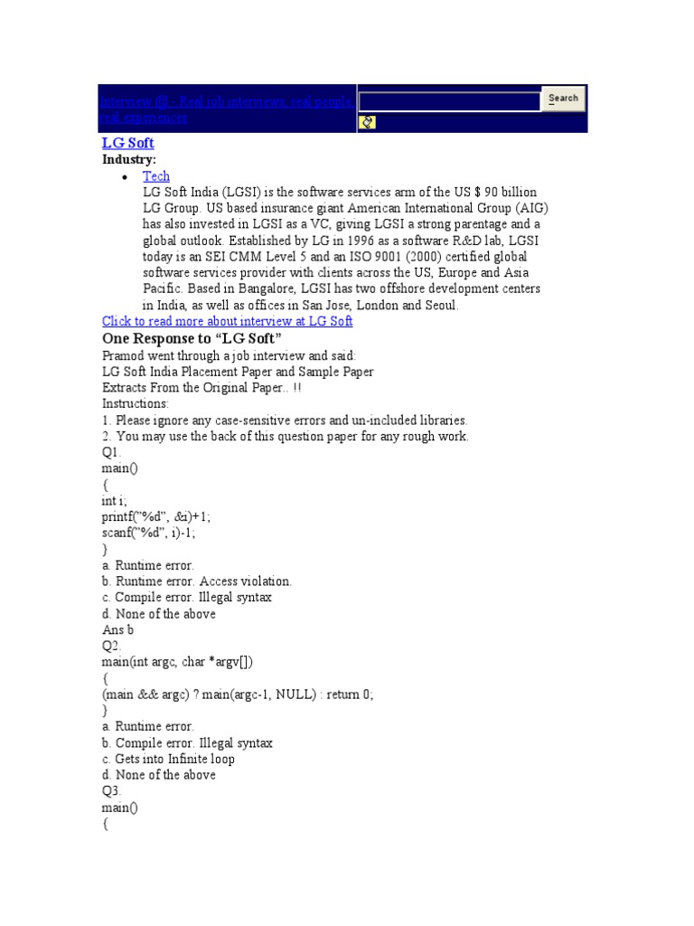LG Soft India Interview Insights | PDF | Computer Programming | Service ...