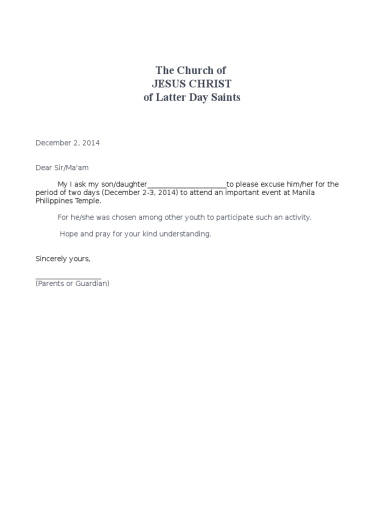 Excuse Letter for Temple Event Participation | PDF | Wellness