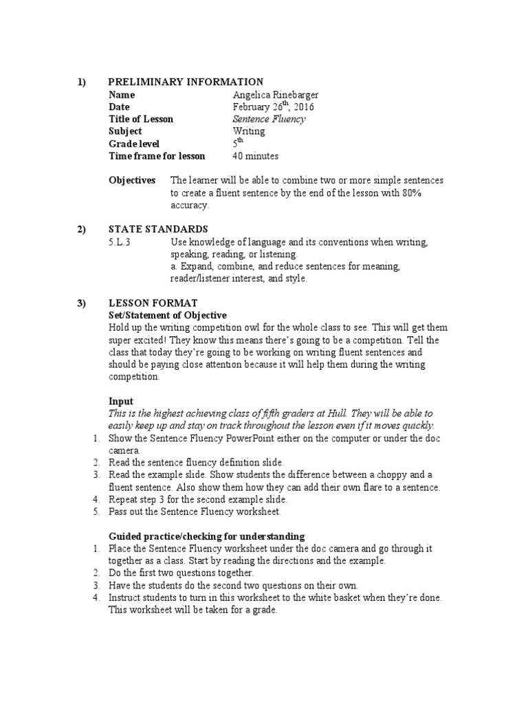 Sentence Fluency Lesson Plan | PDF | Fluency | Communication