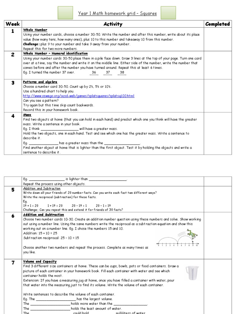 Week Activity Completed 1: Year 1 Math Homework Grid - Squares | PDF ...